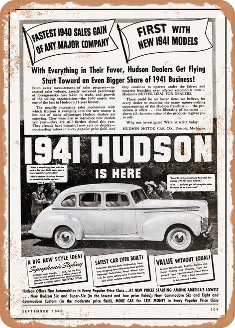 1941 Hudson Super Six 4 Door Touring Sedan Vintage Ad Metal Sign