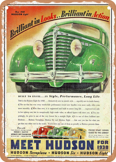 1938 Hudson Eight Vintage Ad 2 Metal Sign