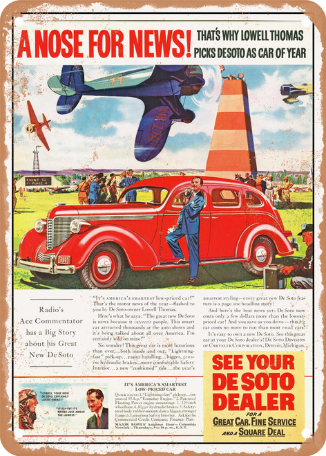 1938 DeSoto with Lowell Thomas Vintage Ad Metal Sign