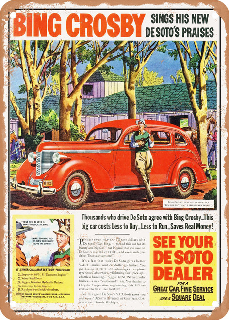 1938 DeSoto Sedan with Bing Crosby Vintage Ad Metal Sign