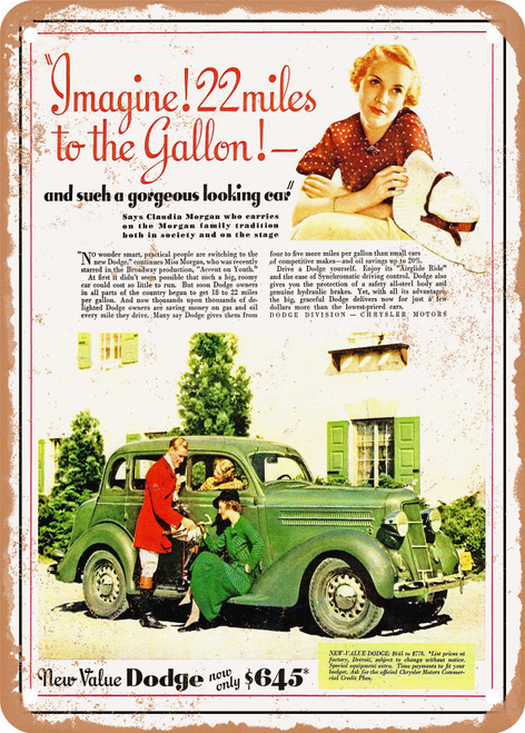1935 Dodge Sedan with Claudia Morgan Vintage Ad Metal Sign
