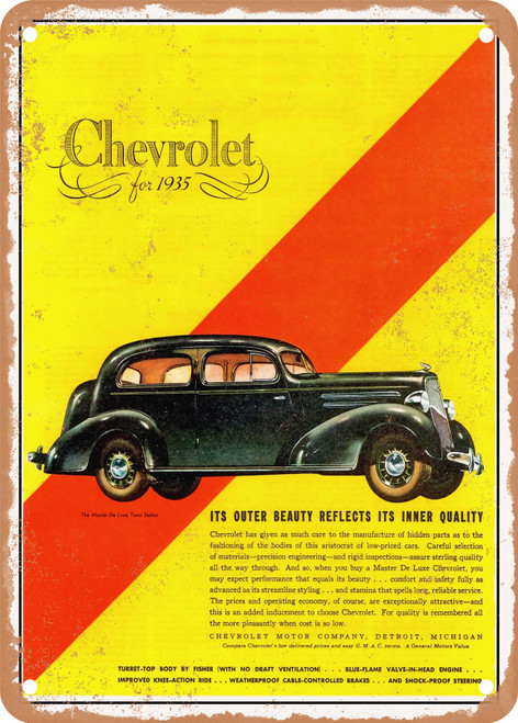1935 Chevy Master De Luxe Town Sedan Vintage Ad Metal Sign