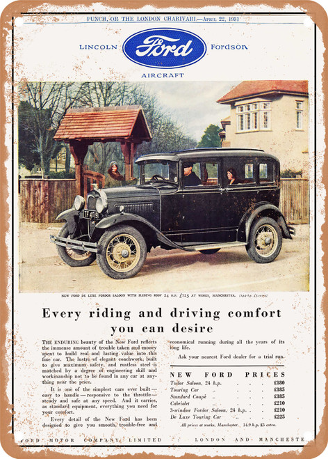 1931 Ford Model A Deluxe Fordor Saloon UK Vintage Ad Metal Sign