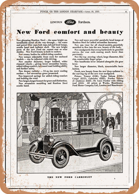 1930 Ford Model A Cabriolet England Vintage Ad Metal Sign