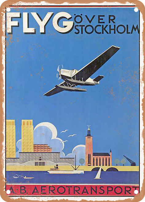 1930 Flight Over Stockholm A.B Aero Transport Vintage Ad Metal Sign