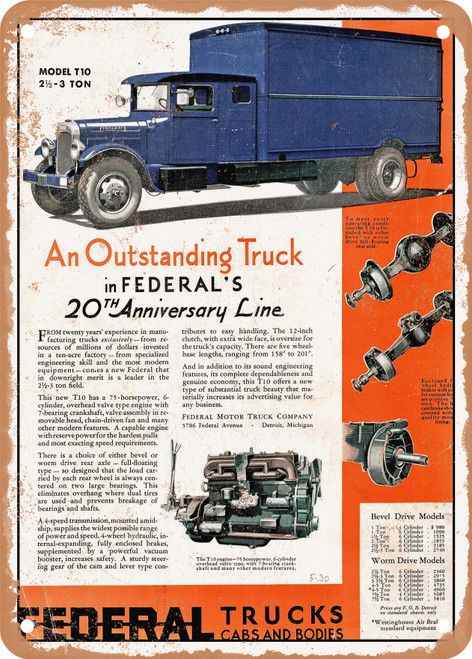 1930 Federal Model T10 Truck Vintage Ad Metal Sign