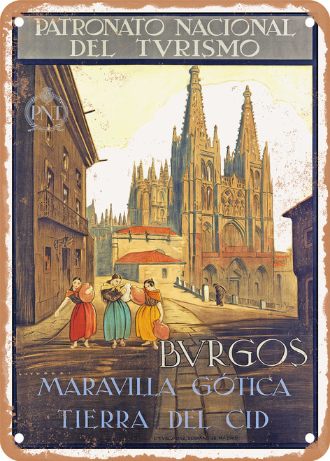 1930 Burgos: Gothic Marvel, Land of El Cid Vintage Ad Metal Sign