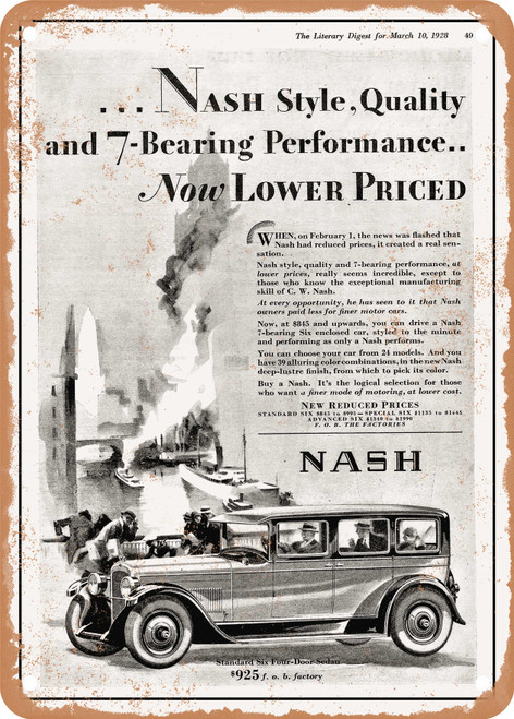 1928 Nash Standard Six Four Door Sedan Vintage Ad Metal Sign