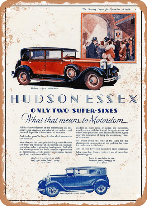 1928 Hudson and Essex Super Six Sedans Vintage Ad Metal Sign