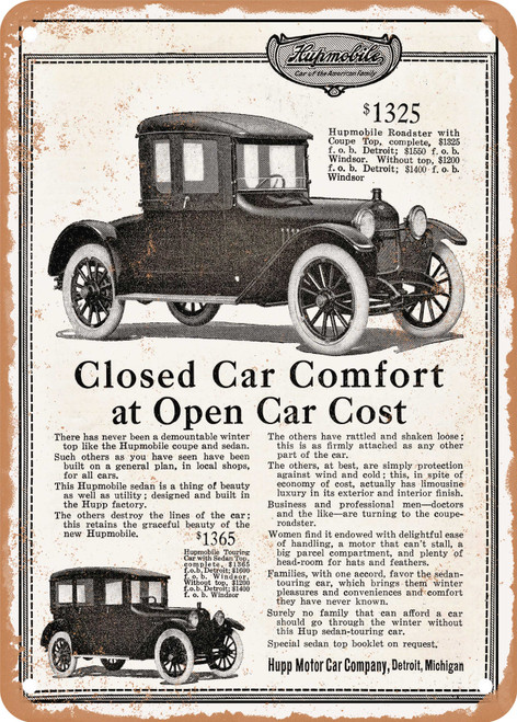 1915 Hupmobile Roadster Touring Car Vintage Ad Metal Sign