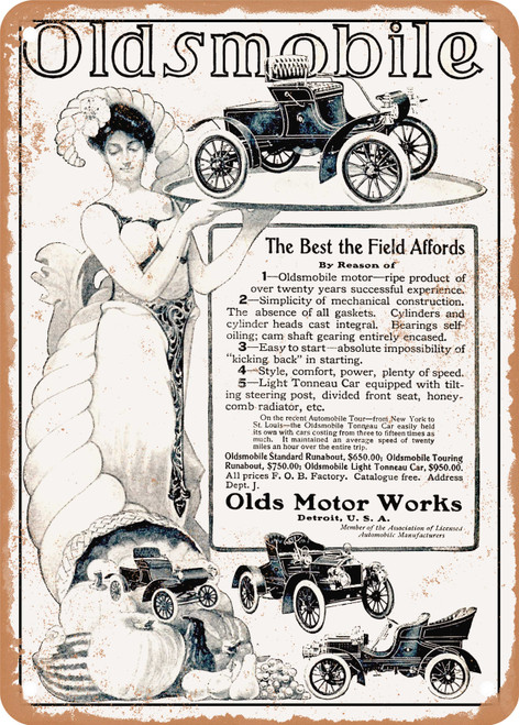 1904 Oldsmobile Curved Dash Runabout Light Tonneaus 2 Vintage Ad Metal Sign
