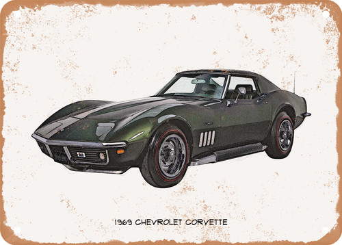 1969 Chevrolet Corvette Pencil Sketch - Rusted Look Metal Sign