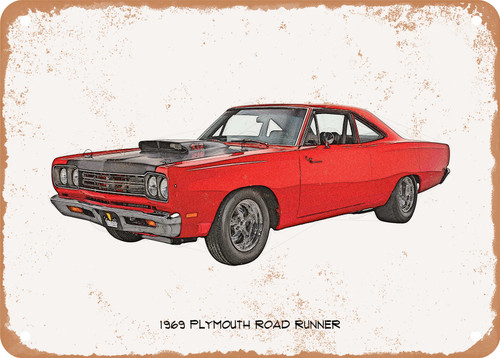 1969 Plymouth Road Runner Pencil Sketch - Rusty Look Metal Sign