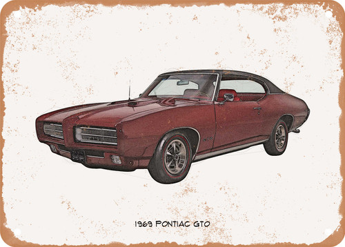 1969 Pontiac GTO Pencil Sketch - Rusted Look Metal Sign