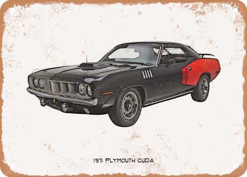 1971 Plymouth Cuda Pencil Sketch - Rusty Look Metal Sign