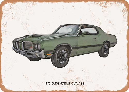 1972 Oldsmobile Cutlass Pencil Sketch - Rusty Look Metal Sign