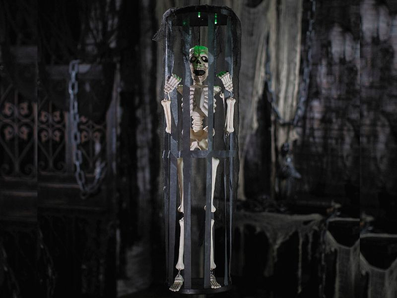 Animated Light-Up Skeleton in a Shaking Cage - Halloween Prop