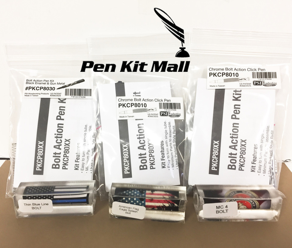 3 Bolt Action Pen Kits with 3 Cast Label Blanks - Pen Kit Mall