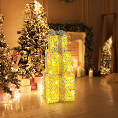 Set of 3 Lighted Christmas Gift Boxes with 90 LED Lights - Pick Your Plum
