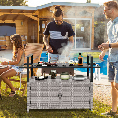 Outdoor Bar Wicker Buffet Serving Cart with Cabinet & 8 Hooks - Pick ...