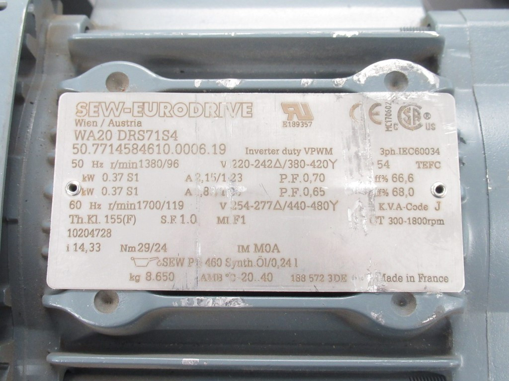 Sew-Eurodrive WA20DRS71S4 Transmission Motor, Ratio 14.33, 3-Phase ...