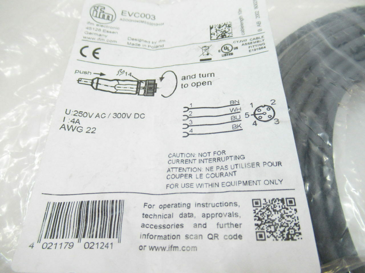 EVC003 Ifm Electronic Control Cable New In Bag - PCM SURPLUS WORLD