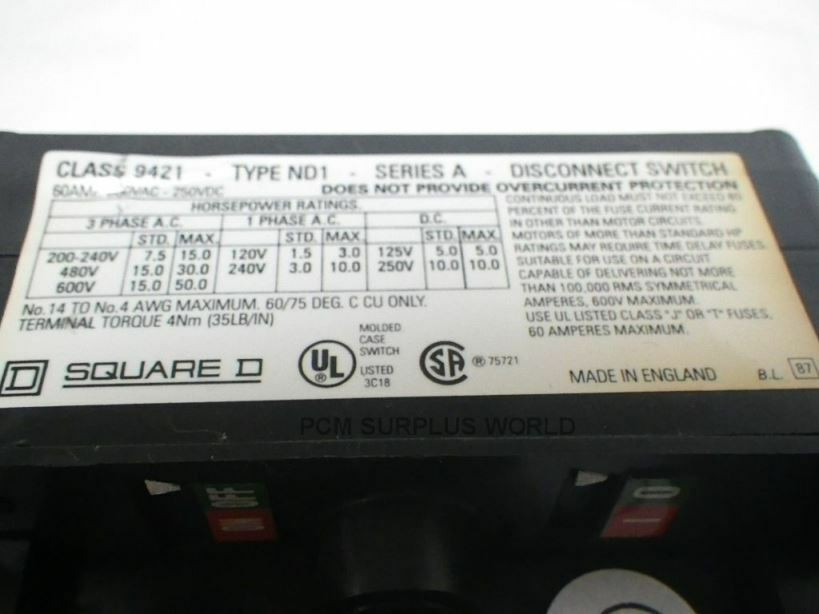Class 9421 Type ND1 Series A Square D Fusible Disconnect Switch -Used ...