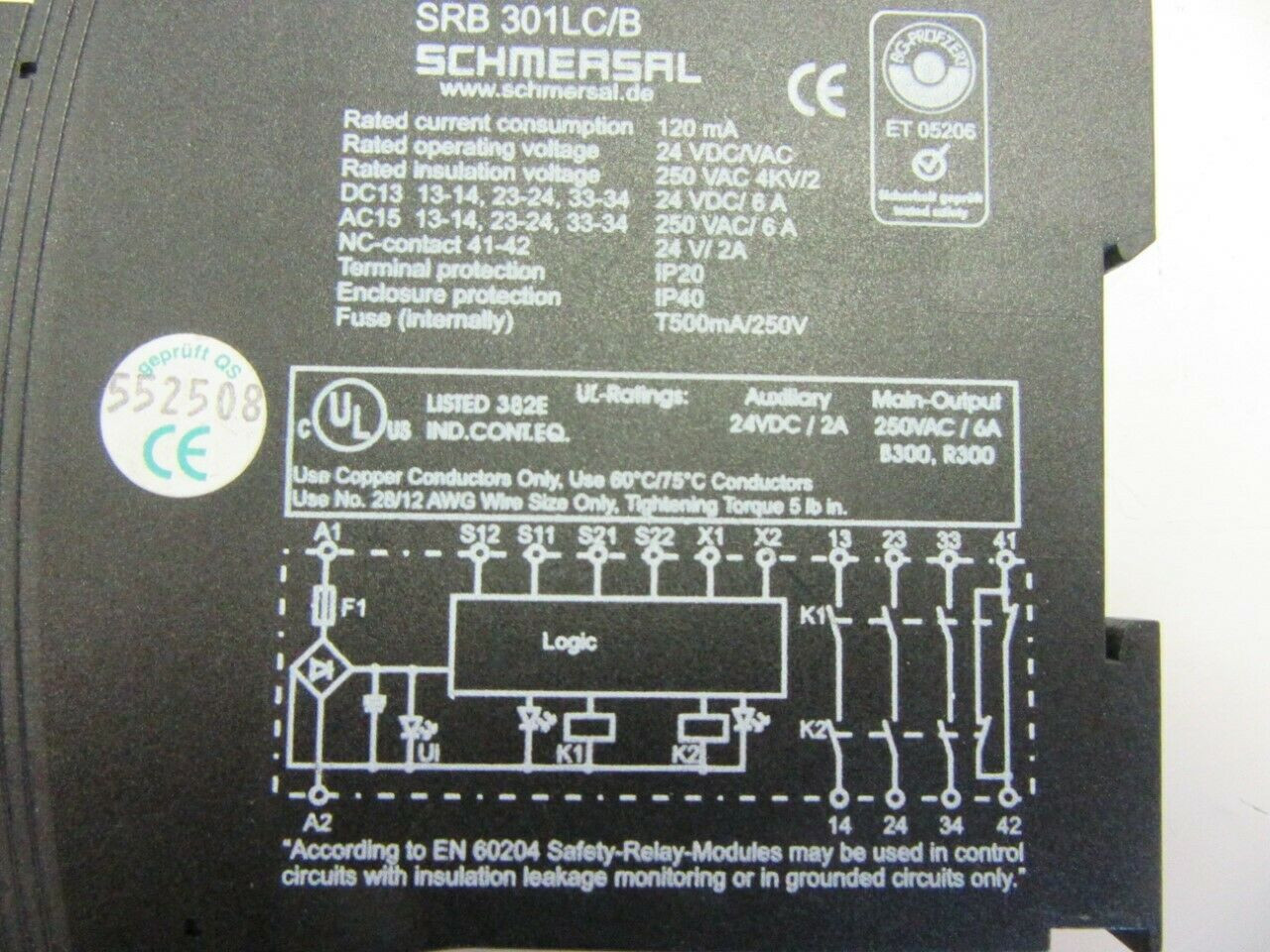 SRB 301LC/B Schmersal Safety Relay 120mA,24 Vdc 6a, 250 Vac 4kv/2 (Used ...