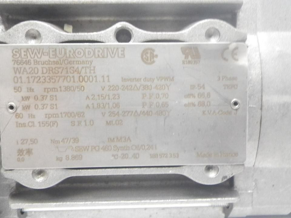 WA20-DRS71S4/TH Sew Eurodrive spiroplan gearmotor 1380-1700RPM 3ph ...