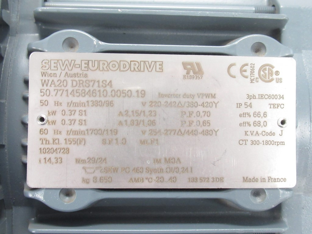 Sew-Eurodrive WA20DRS71S4 Gear Motor, Ratio 14.33, 3-Phase - PCM ...