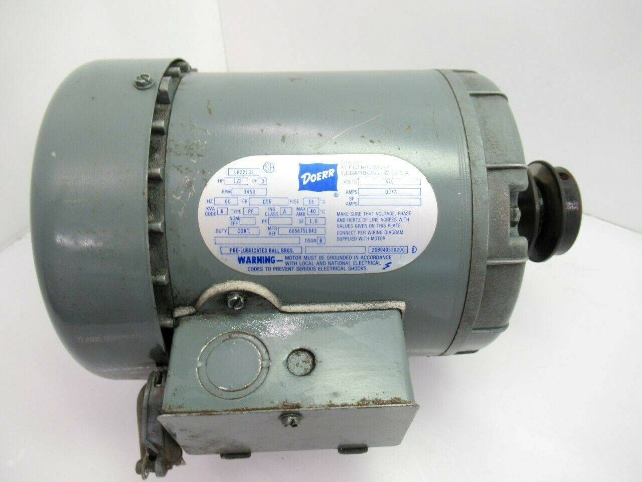 LR22132 - DOERR Electric Motor 1/2hp 3ph 3450/3450rpm ,V/575 ( USED ...