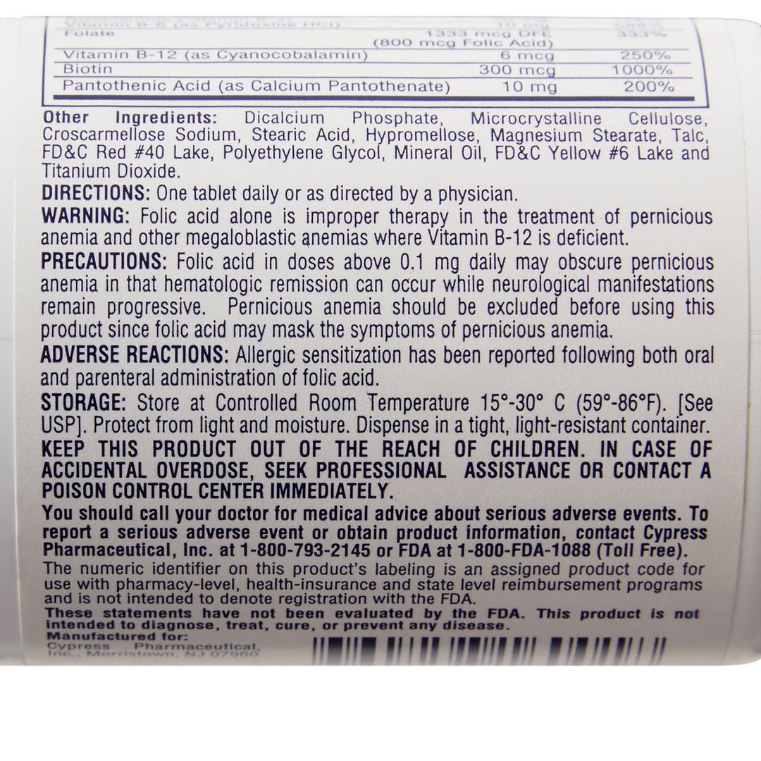 Rena-Vite Folic Acid/Vitamin B Dietary Supplement, 0.8 mg, 100 Tablets
