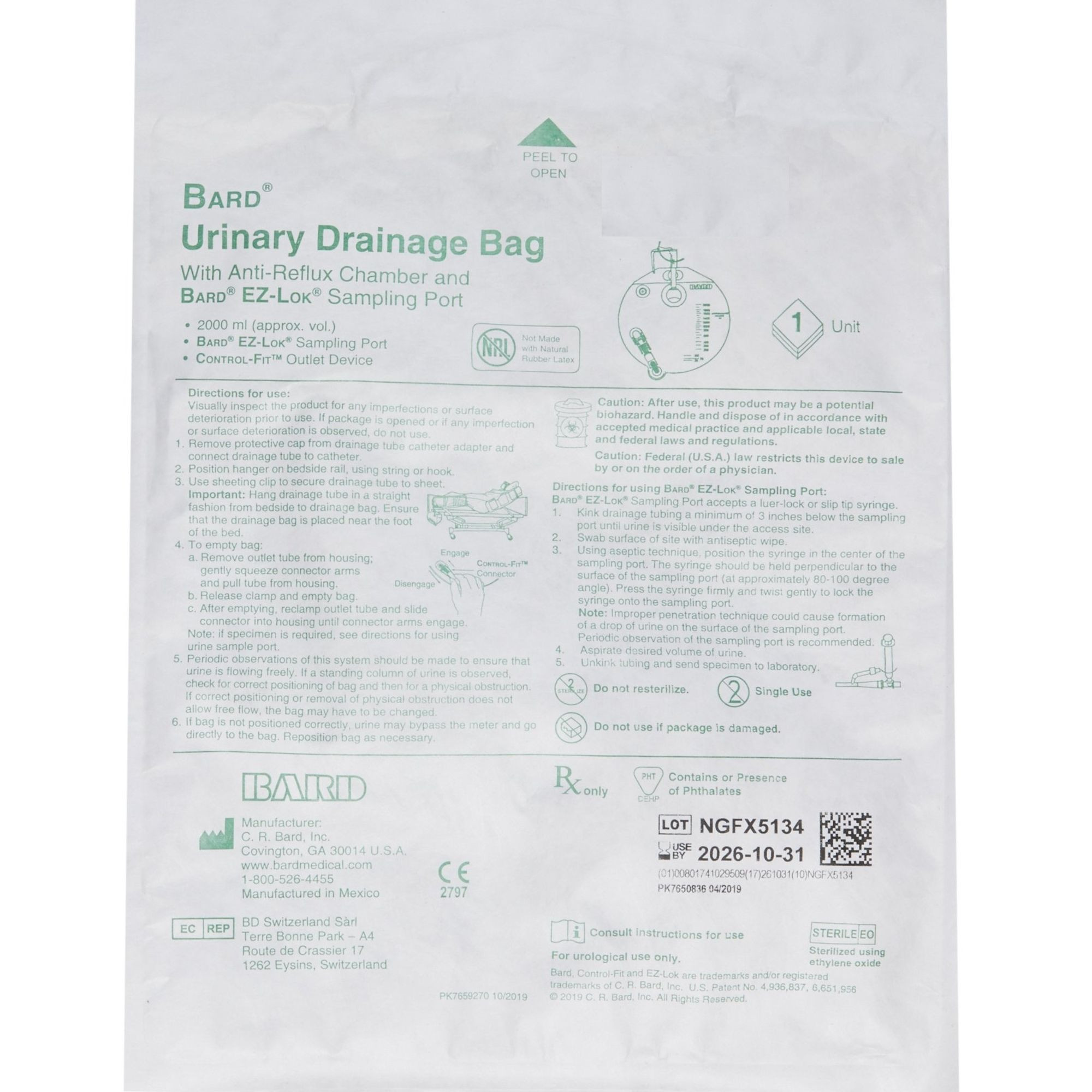 Bard Urinary Drainage Bag with Anti-Reflux Chamber and EZ-Lok Sampling Port