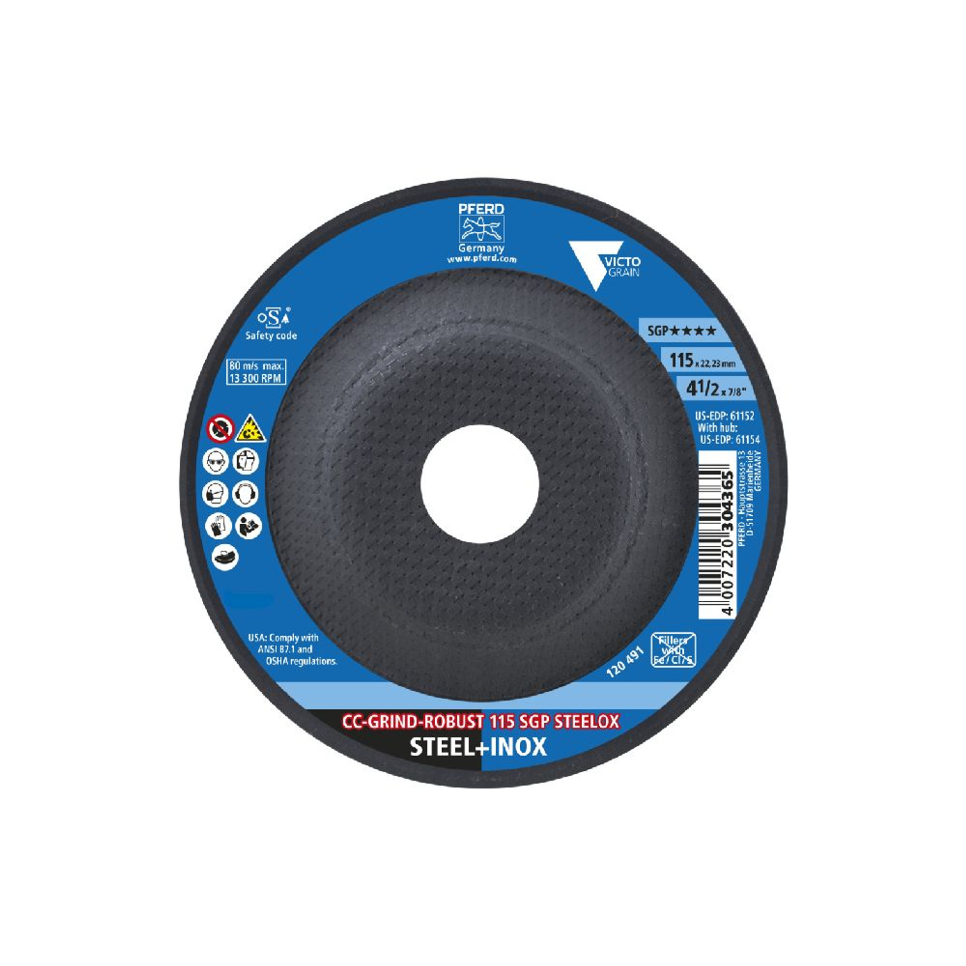 PFERD 61152 - Grinding disc, CC-GRIND-ROBUST, 4-1/2" x 7/8, SGP STEELOX VICTOGRAIN, Ceramic
