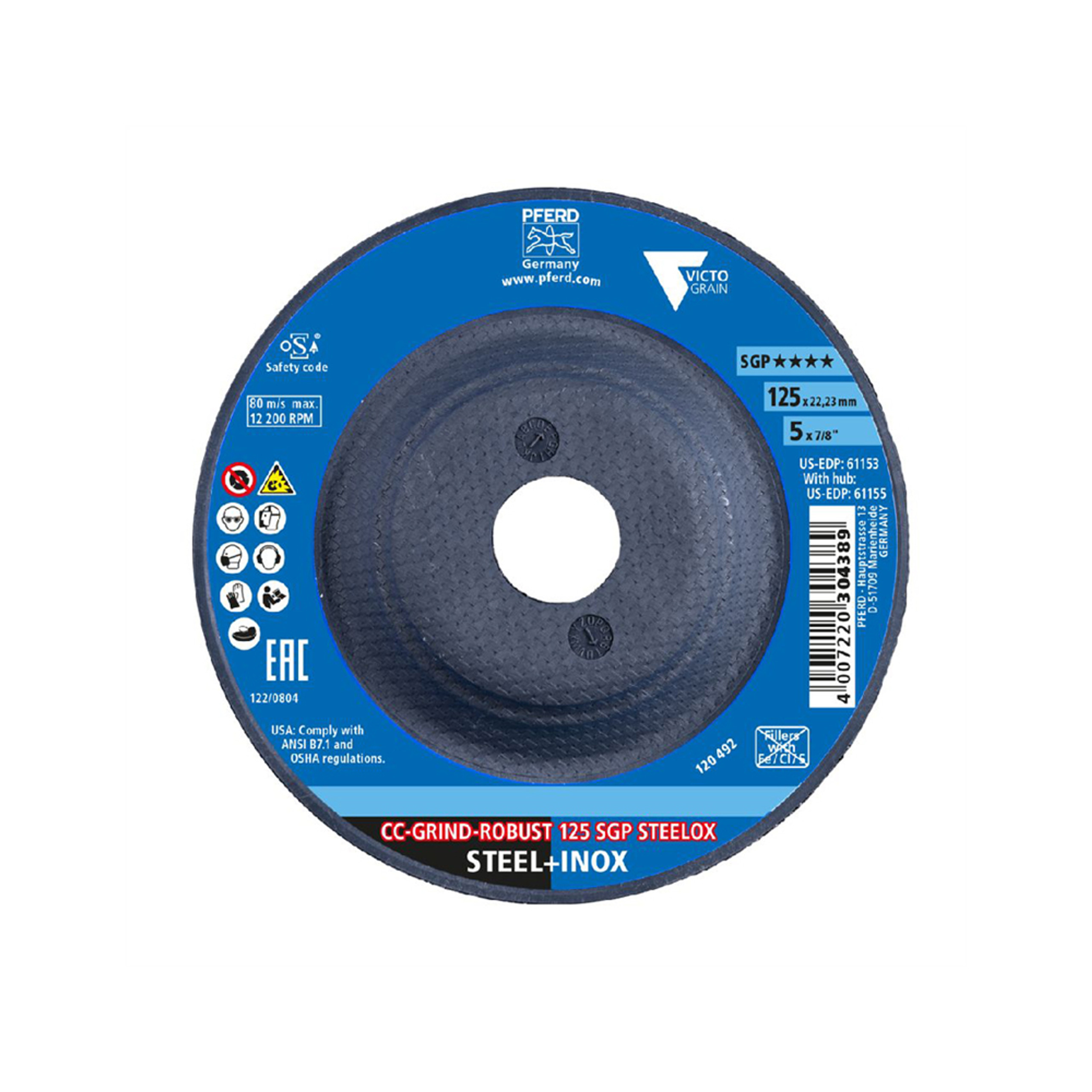 PFERD 61153 - Grinding disc, CC-GRIND-ROBUST, 5" x 7/8, SGP STEELOX VICTOGRAIN, Ceramic
