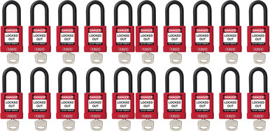 ABUS 74/40 Red Lockout Tagout Premium LOTO Insulated OSHA Safety Padlock Set , Keyed Diff. 20ct