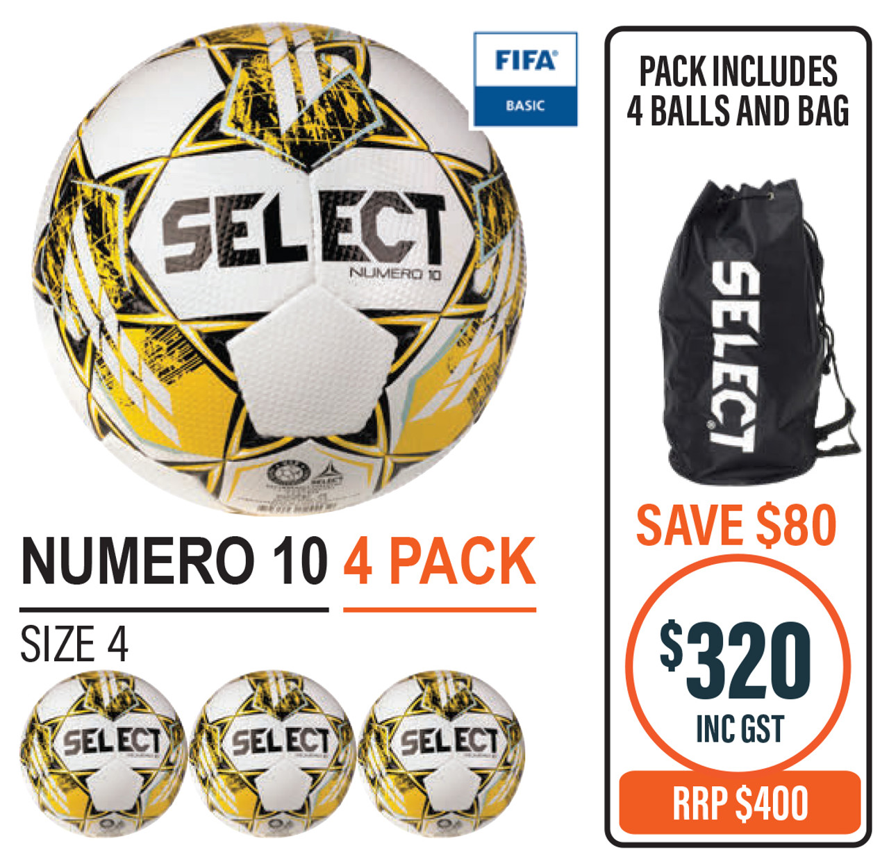 NUMERO 10 WHT/YELLOW (FIFA BASIC) 4 BALL PACK - Select Football ...