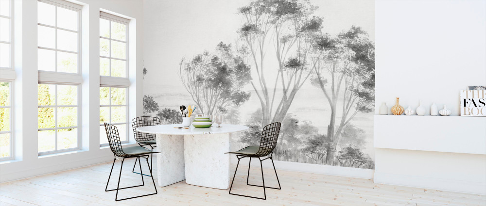 Grey and White Watercolour Trees Wallpaper Mural