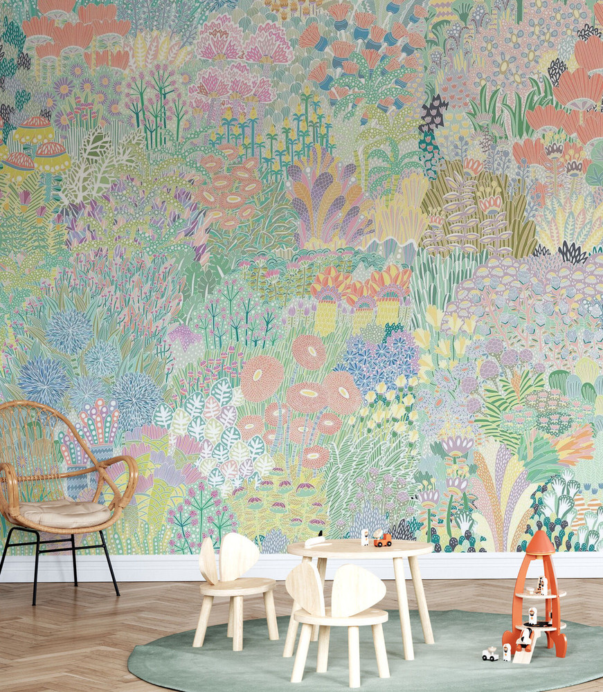 Crayon Style Colourful Plants Wallpaper Mural