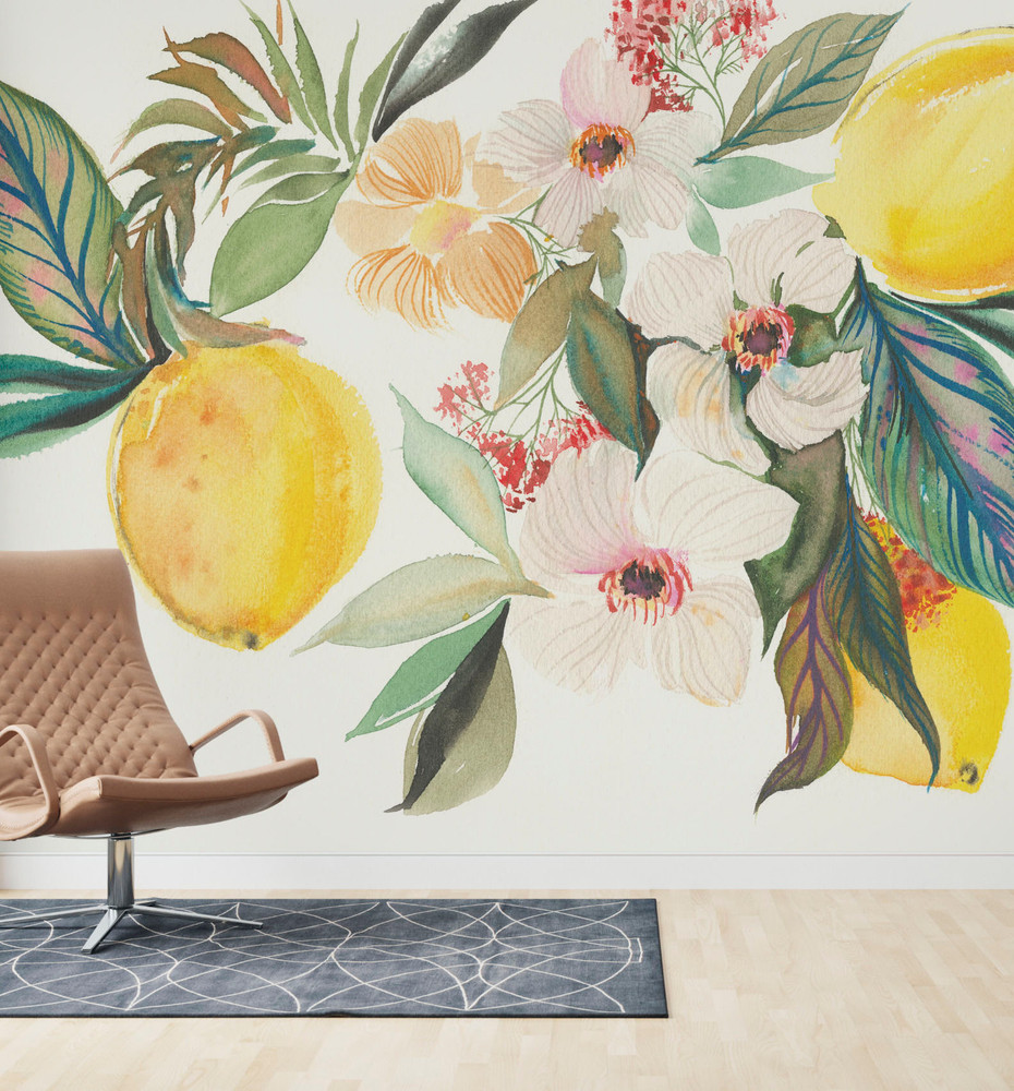 Citrus Fruits and Florals Watercolour Wall Mural