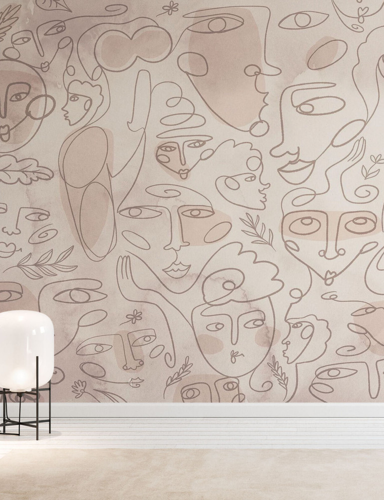 Beige Line Face Drawing Wallpaper Wall Mural | Photowall Sweden Line ...
