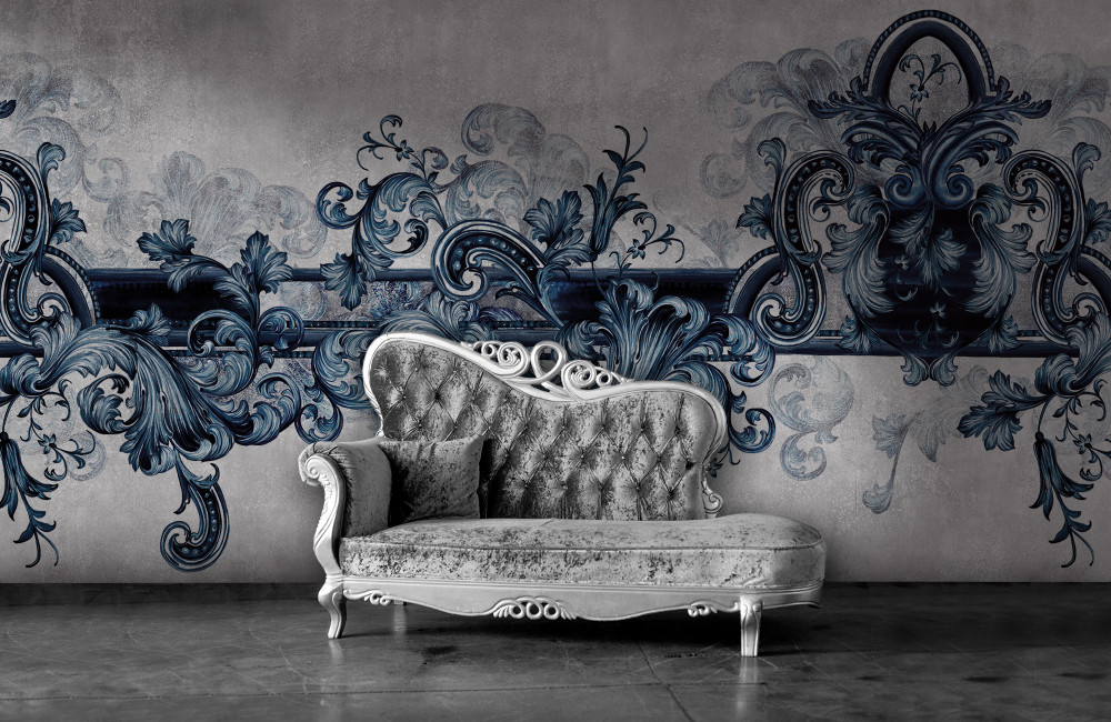 Vintage Style Baroque Wallpaper Mural - Blue