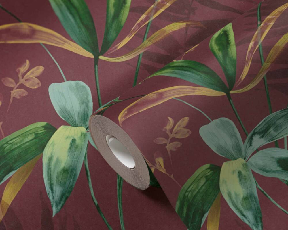 Maroon Red Tropical Leaf Foliage Wallpaper - Architects Paper