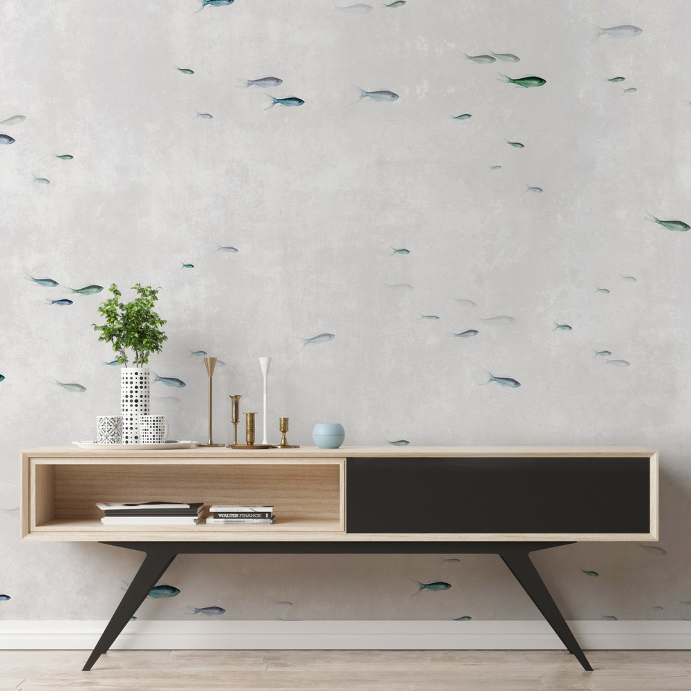 Lagoon Blue, Green and Grey Swimming Fish Coastal Wallpaper Mural