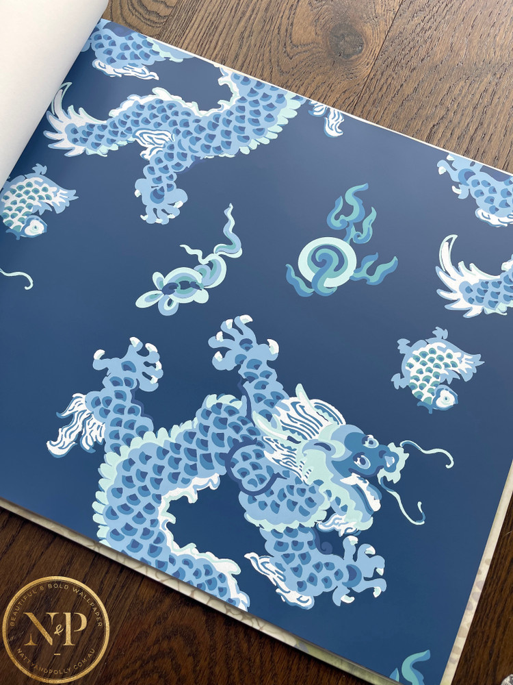 Chinoiserie Non Woven Navy Blue Wallpaper | Anna French Dragon Dance