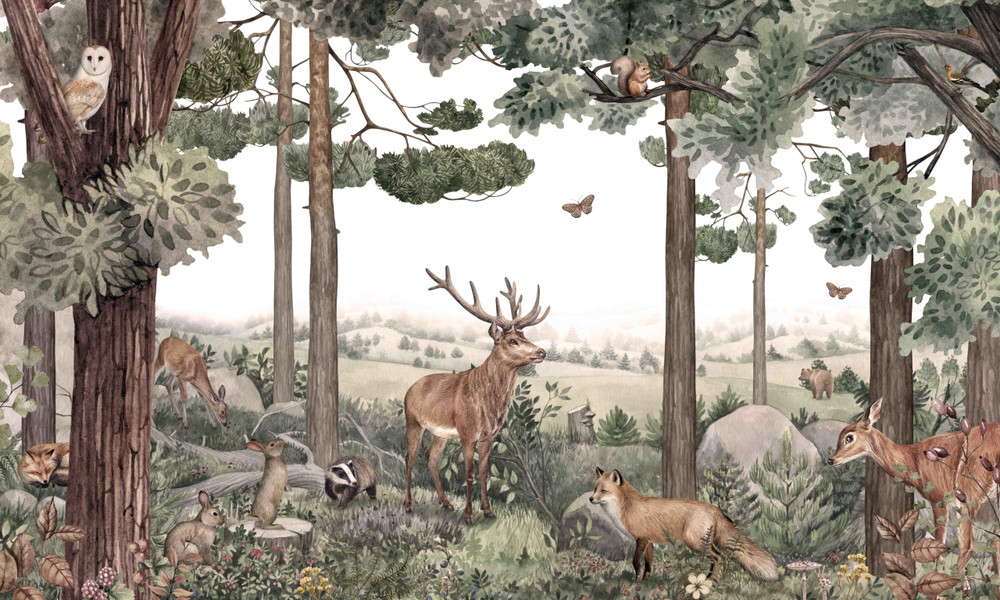 Forest Whimsical Woodland Animals Wallpaper Mural | Deer Bunny Trees