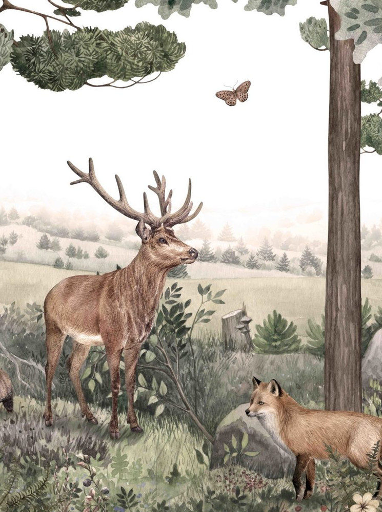 Forest Whimsical Woodland Animals Wallpaper Mural | Deer Bunny Trees