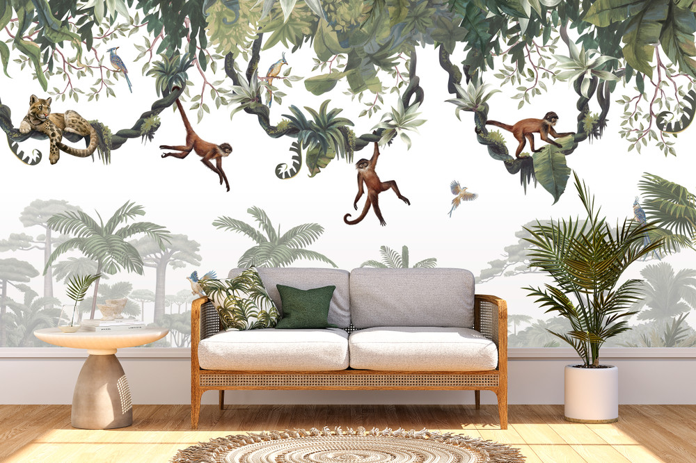 Trailing Tropical Wallpaper Wall Mural with Monkeys Playing | Kikki ...