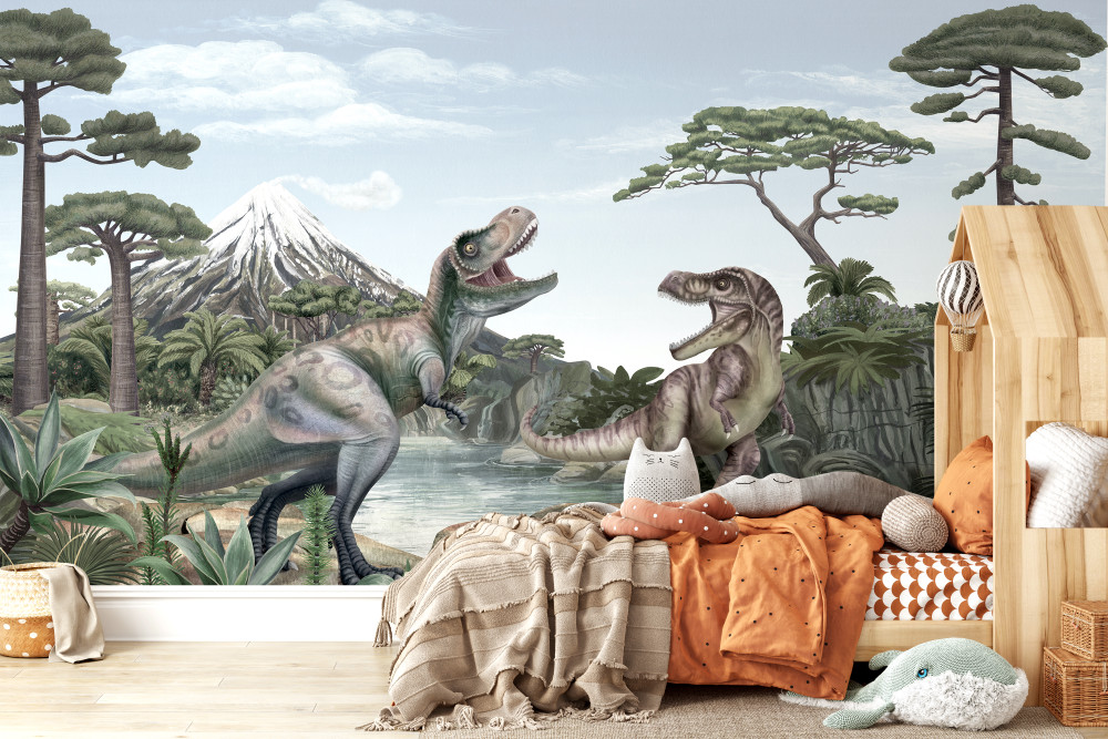 T-Rex Dinosaur Theme Watercolour Wallpaper Mural | Kikki Belle