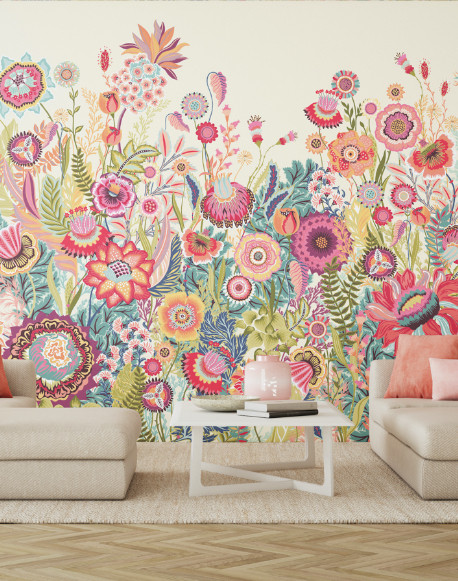 Brightly Coloured Floral Blooms Rhubarb Pink Cream Mural Non Woven ...